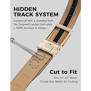 Tonywell Mens Leather Ratchet Belts with Open Buckle Perfect Fit Dress Belt 30mm Wide (One Size:32"-45" Waist, Black Leather & Gold Metal Buckle)