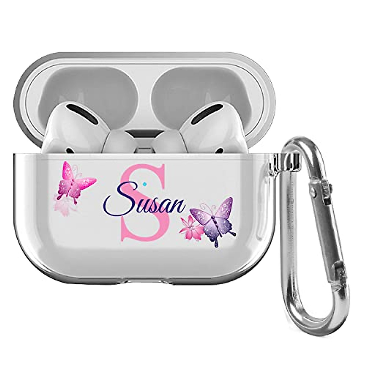 Custom Name & Initial Crystal Clear Airpods Case for Apple AirPod Pro and 3rd Generation，Thin Shockproof Protective Customized Transparent Case（Purple Butterfly）