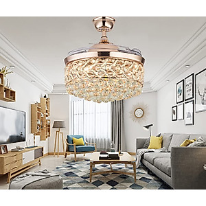 FANRYO 42"LED Crystal Invisible Ceiling Fan with Lights and Remote , Adjustable Tri-color Lighting Tri-Wind Speed Silent Motor Indoor Chandelier Lighting Fandelier for Livingroom Bedroom (42''-gold)