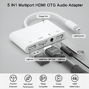 Unitrox iPhone Microphone Adapter for Live-Streaming, HDMI Adapter for iPhone to TV, Dual USB Female OTG Adapter with Charging Port Compatible with iPhone/iPad/iPod, No Application, Plug and Play