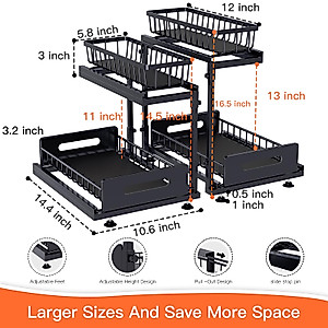 2 Packs Under Sink Organizer, 2 Tier Under Sink Organizers and Storage,Slide Out Pull Out Kitchen Cabinet Organizer,Sliding Drawer Metal Height Adjustable Shelf for Bathroom Organization Rack