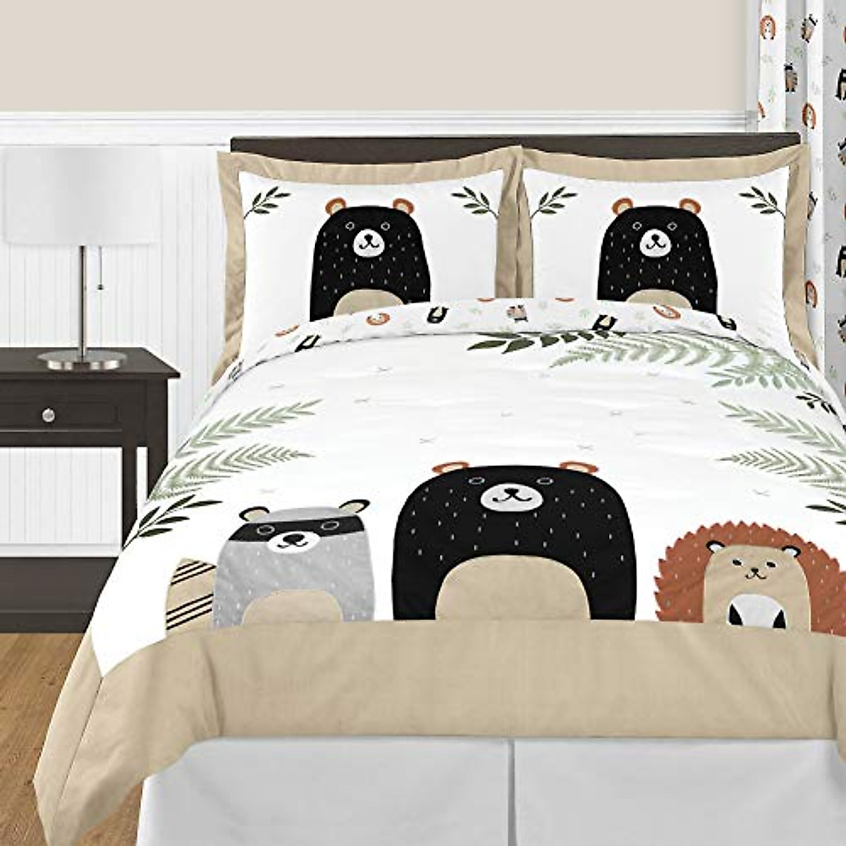 Sweet Jojo Designs Bear Raccoon Hedgehog Forest Animal Decorative Accent Throw Pillows for Woodland Pals Collection - Set of 2 - Neutral Beige, Green, Black and Grey