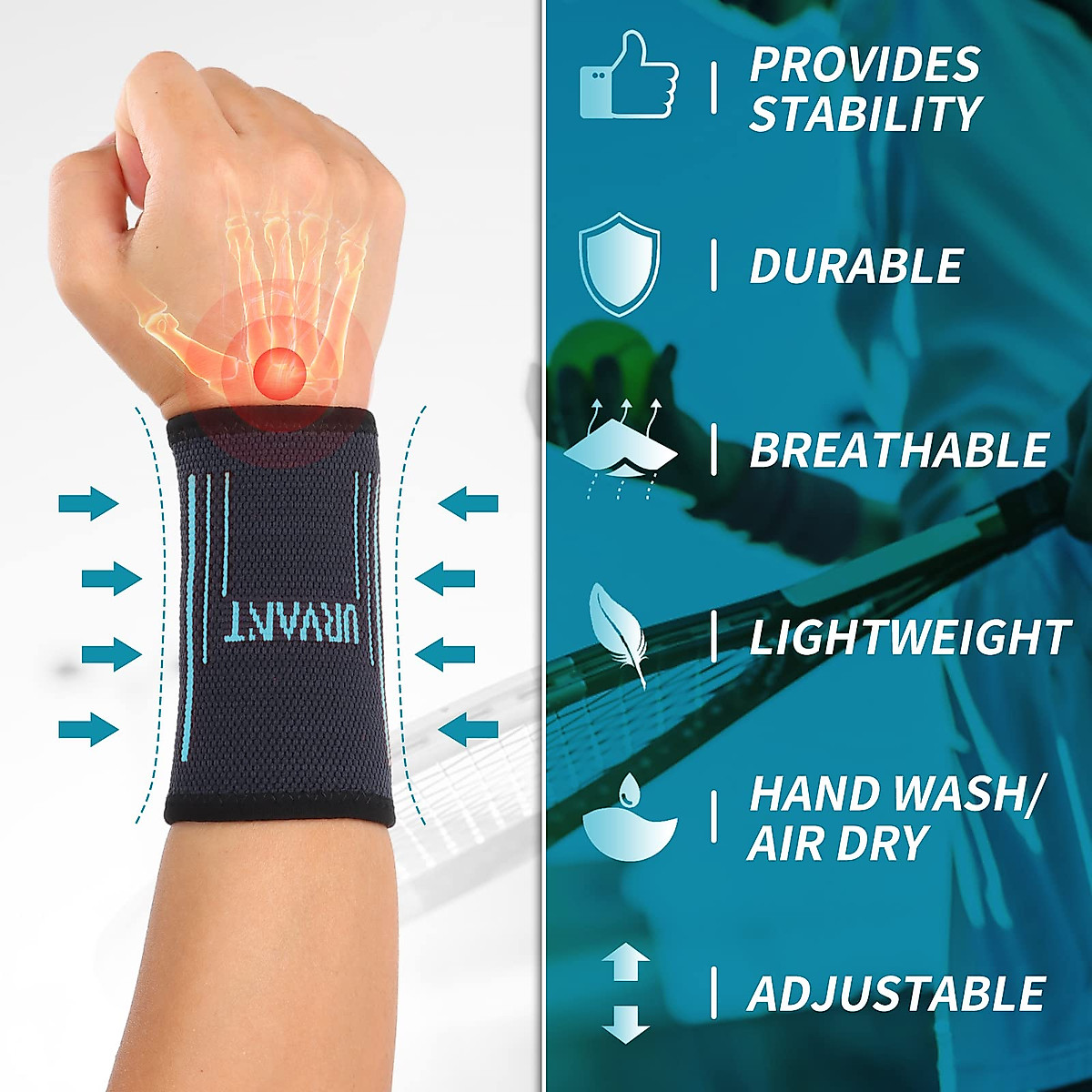 URVANT 2 Pairs Compression Wrist Sleeve (Sports Wrist Supports Wrist Brace Wrist Wraps Elastic Wristbands) for Basketball, Tennis, Working Out, Gym Blue (S)