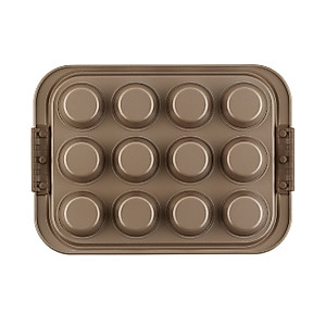 Anolon Bronze Nonstick 12-Cup Muffin Tin With Silicone Grips and Lid / Nonstick 12-Cup Cupcake Tin With Silicone Grips and Lid - 12 Cup, Brown