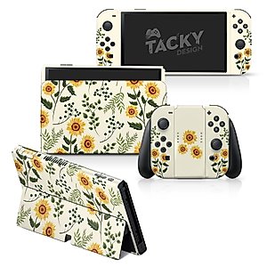 Tacky Design Sunflowers Skin Compatible with Nintendo Switch OLED Skin Wrap Cover, Off-White Skin for Nintendo Switch OLED Stickers, Premium Vinyl 3M Full Wrap Decal