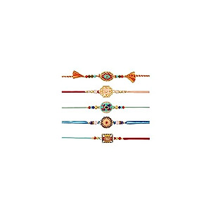 Eximious India Set of 5 Rakhi For Brother With Card Metal Pendant For Raksha Bandhan Designer Rakhi Thread for Bhaiya (Set of 5-2)
