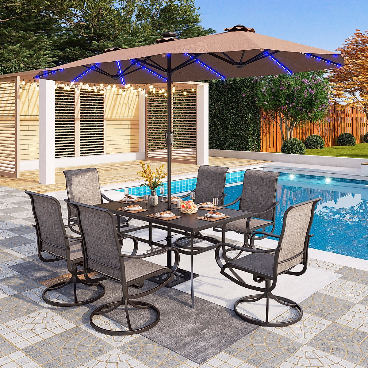 PHI VILLA 13ft Large Patio Umbrella with Solar Lights, Double-Sided Outdoor Market Rectangle Umbrella with 120 PCS LED Lights, Beige (No Base)