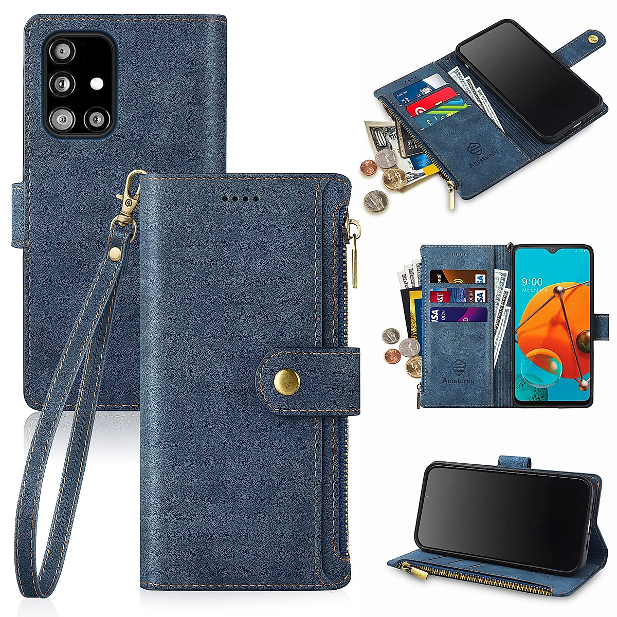 Antsturdy Samsung Galaxy A71 5G Wallet case with Card Holder for Women Men,Galaxy A71 5G Phone case RFID Blocking PU Leather Flip Shockproof Cover with Strap Zipper Credit Card Slots,Blue
