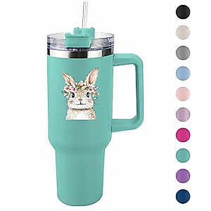 LB LEOBON 40 ounce insulated cup with handle, double-layer vacuum stainless steel material, equipped with straw, can keep warm or maintain cold drinks Easter Rabbit D Lake Green