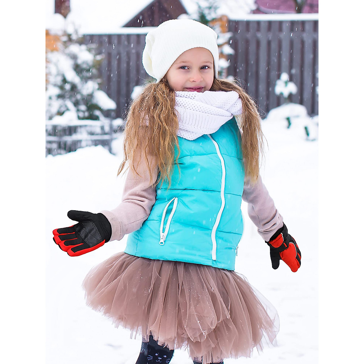 2 Pairs Kids Winter Ski Gloves, Waterproof Windproof Warm Gloves Cold Winter Gloves Unisex Warm Gloves for Boy Girl Skiing (Black, Red,4-6 Years)