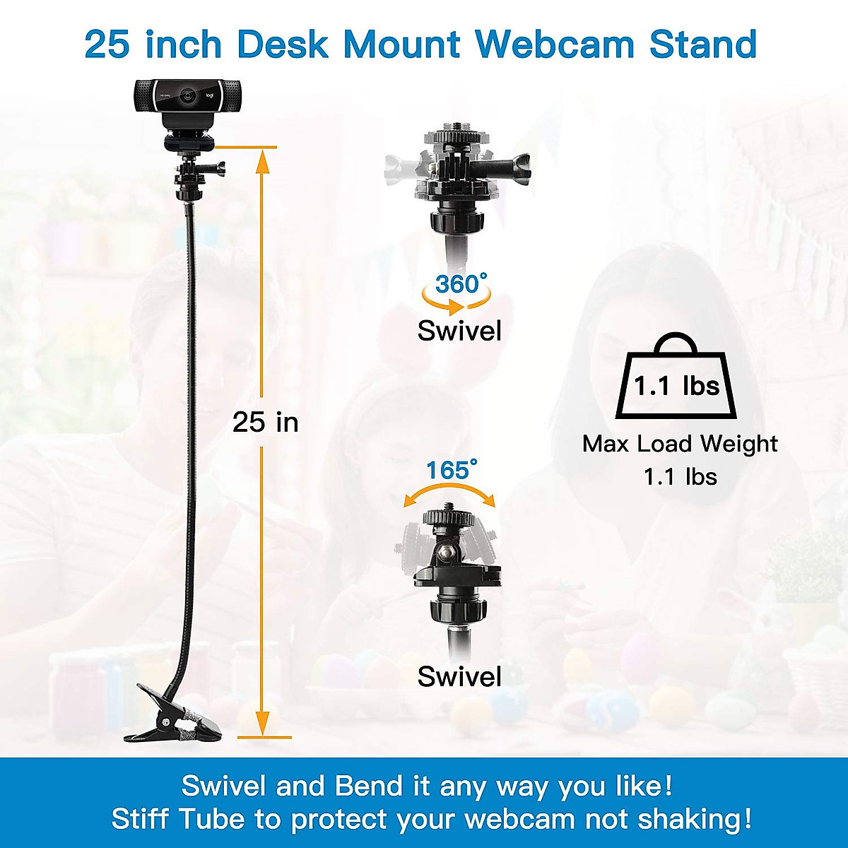 Pipishell 25 Inch Webcam Stand - Flexible Desk Mount Clamp Gooseneck ...