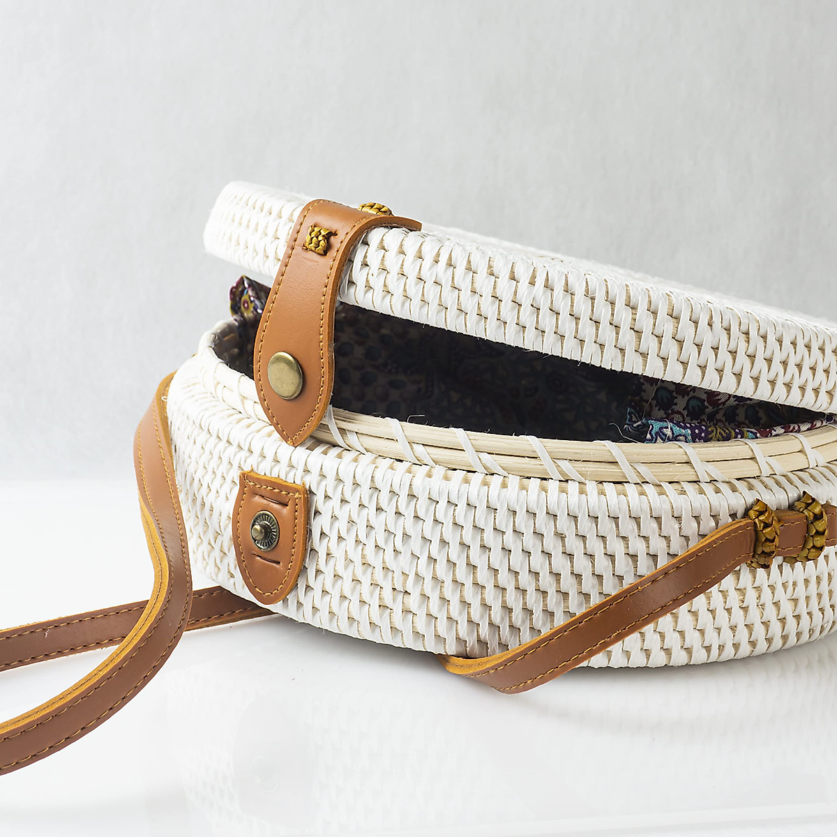 Handmade White Round Rattan Bag Star Pattern with Leather strap made in Bali