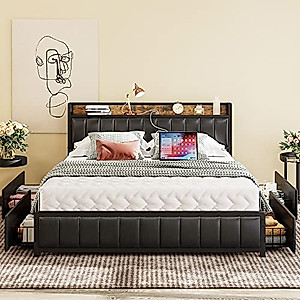 ANCTOR Queen Bed Frame with Storage Drawers Headboard & Footboard, Upholstered Platform Bed with USB Ports & Outlets, No Box Spring Needed