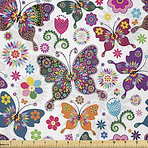 Ambesonne Butterfly Fabric by The Yard, Sixties Seventies Inspired Complex Image with Floral Elements Butterflies, Stretch Knit Fabric for Clothing Sewing Arts Crafts, 1 Yard, Purple Orange