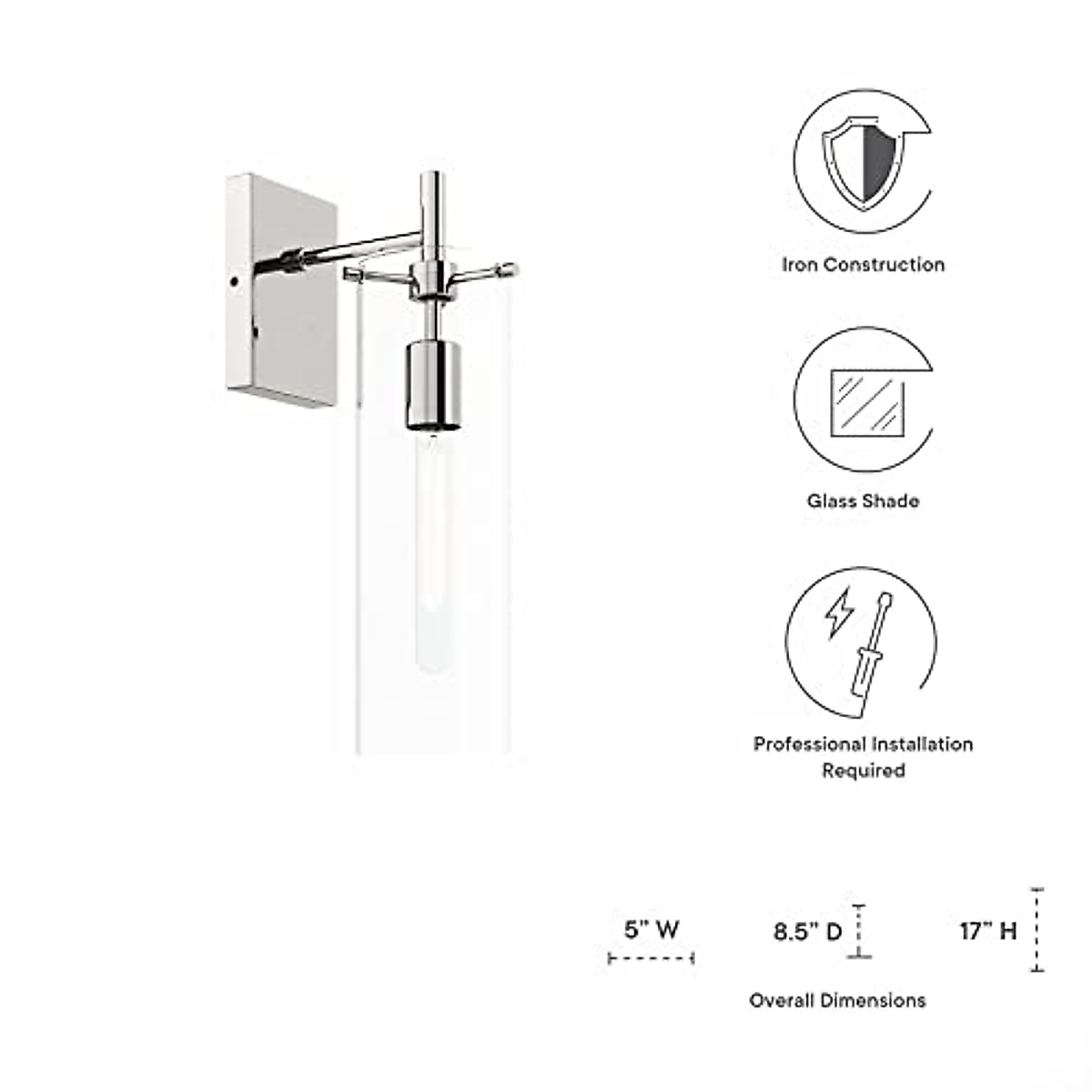 Modway Skylark Wall Sconce in Clear Polished Nickel, Silver, 5 x 8.5 x 17