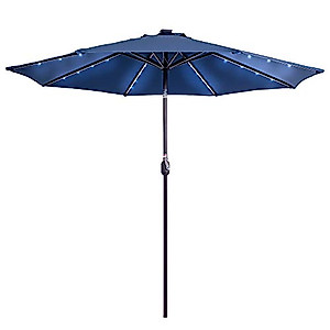 Sundale Outdoor 9 Feet Solar Powered 32 LED Lighted Patio Umbrella Table Market Umbrella with Crank and Push Button Tilt for Garden, Deck, Backyard, Pool, 8 Steel Ribs, (Navy)