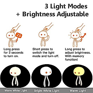 Night Light for Kids, TRELC Cute Night Light for Baby Toddler Girls Boys Birthday Gifts Room Decor, USB Rechargeable Nursery Led Lamp, 40 Hrs Working Time Jellyfish Bedside Lamp - 3 Light Mode (White)