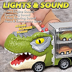 JOYIN 13 in 1 Dinosaur Truck for Kids, with 12 Pull Back Dinosaur Car Vehicles, Toy Dinosaur Transport Carrier Truck with Music and Roaring Sound, Flashing Lights, Mini Dinosaur Car Set, Helicopter
