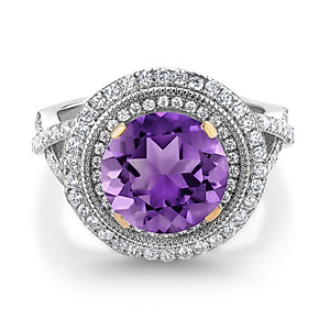 Gem Stone King 18K 2-Tone Sterling Silver Round Purple Amethyst Women Ring (3.00 Cttw, Gemstone Birthstone, Available In Size 5, 6, 7, 8, 9)