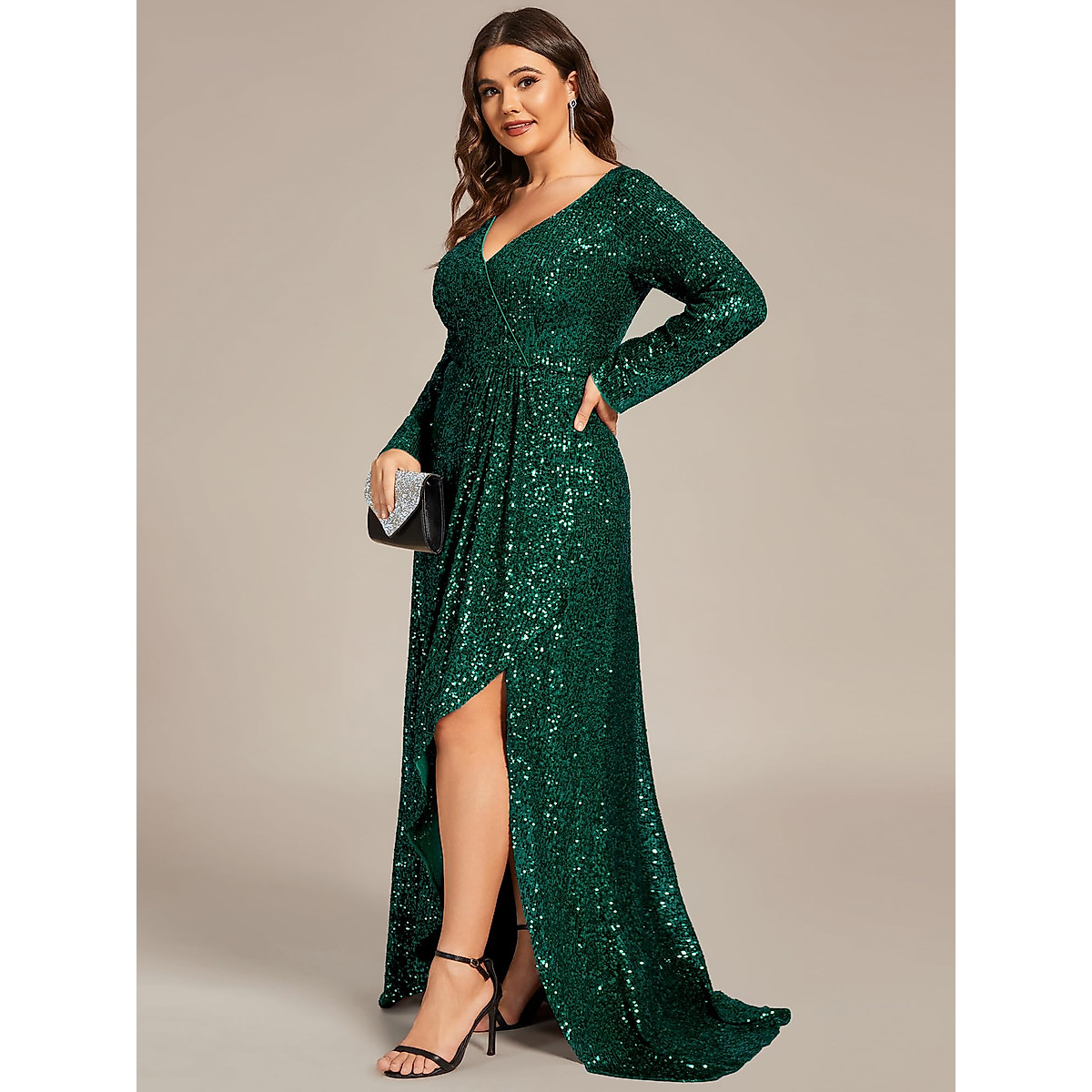 Ever-Pretty Women's V-Neck Sequin A-Line Pleated Long Sleeves Midi Plus Size Dress Ball Gowns Dark Green US20