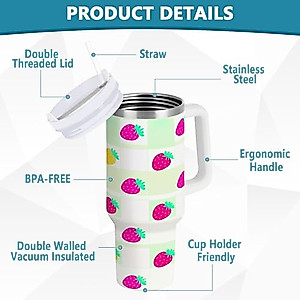RPLIFE Yellow Pink Strawberry Stripes Tumbler Cup, Stainless Steel Bottle, Straw Water Bottle
