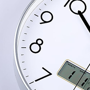 Lafocuse Silver Wall Clock with Date,Month,Day of Week and Temperature, Silent Non-Ticking Battery Operated Clock for Living Room Bedroom Office Decor