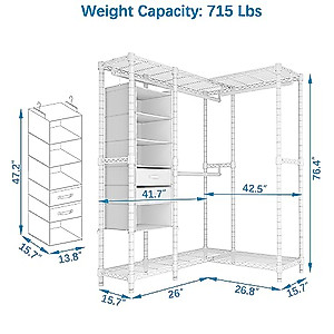 VIPEK L6E Garment Rack for Hanging Clothes Heavy Duty Clothes Rack with Shelves, L Shaped Clothing Rack Portable Corner Closet Metal Freestanding Wardrobe with Drawers, Max Load 715 LBS, White