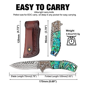 Cottonbell Damascus Pocket Knife for Men Women, Unique Abalone Seashells Handle Folding Knives,EDC Knife Survival Knife with Safety Liner Lock