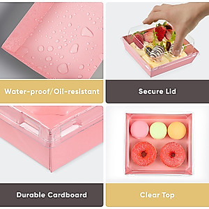Leafiew 50 Pack Bakery Boxes - Small Dessert Boxes To Go - 5 Inch Paper Mini Cake Boxes, Clear Treat Boxes, Disposable Cookie Cake Slice Containers for Charcuterie, Strawberries, Baked Goods (Pink)