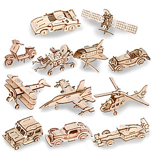 Wooden Puzzle 3D Miniature Vehicles Bundle DIY Set Wooden Model Kit 12 Pack, Model Building Craft, Puzzle toys Games for Kids and Adults