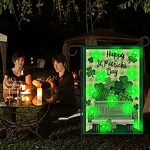 St Patrick's Day Garden Flag with Green Led Lights Good Shamrock Luck Truck Gnome 12 X 18 Inch Double Sided Garden Flag Durable Burlap Shamrock Garden Flag for Lawn Party Outdoor Decorations (Happy St. Patrick's Day)