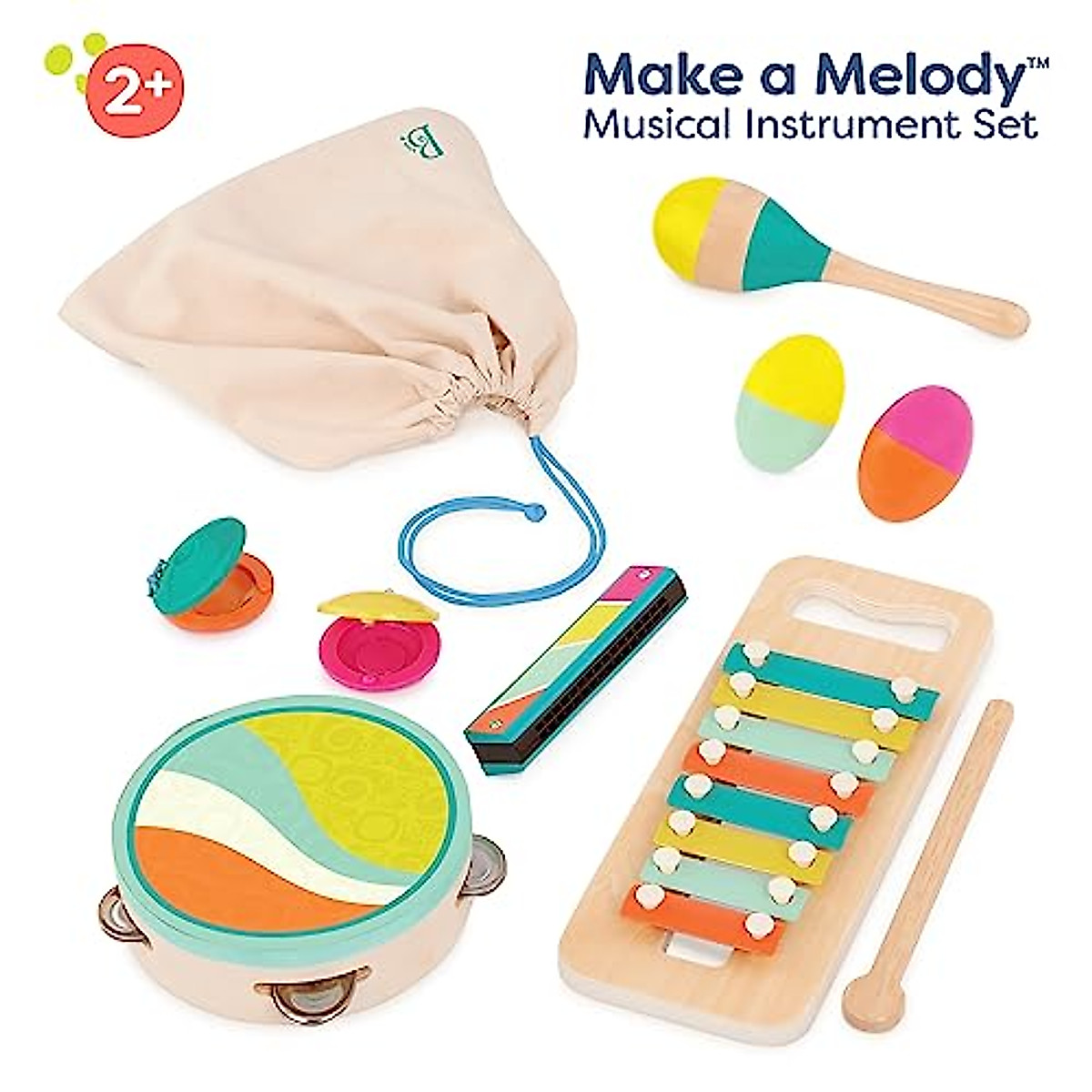 B. toys- Make a Melody- 9pc Wooden Musical Instruments – Xylophone, Tambourine, Harmonica – Drawstring Storage Bag – 2 Years +