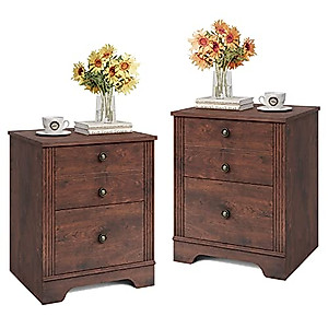 Set of 2 Nightstands End Tables with 2 Drawers, Wood Side Table Bedside Storage for Bedroom, Living Room, Walnut, 23 Inch Height