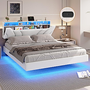 Hasuit Queen Floating Bed Frame with LED Lights, USB & Type C Port LED Queen Bed Frame with Storage Headboard Faux Leather Upholstered Platform Bed Frame with Hidden Storage,No Box Spring Needed,White