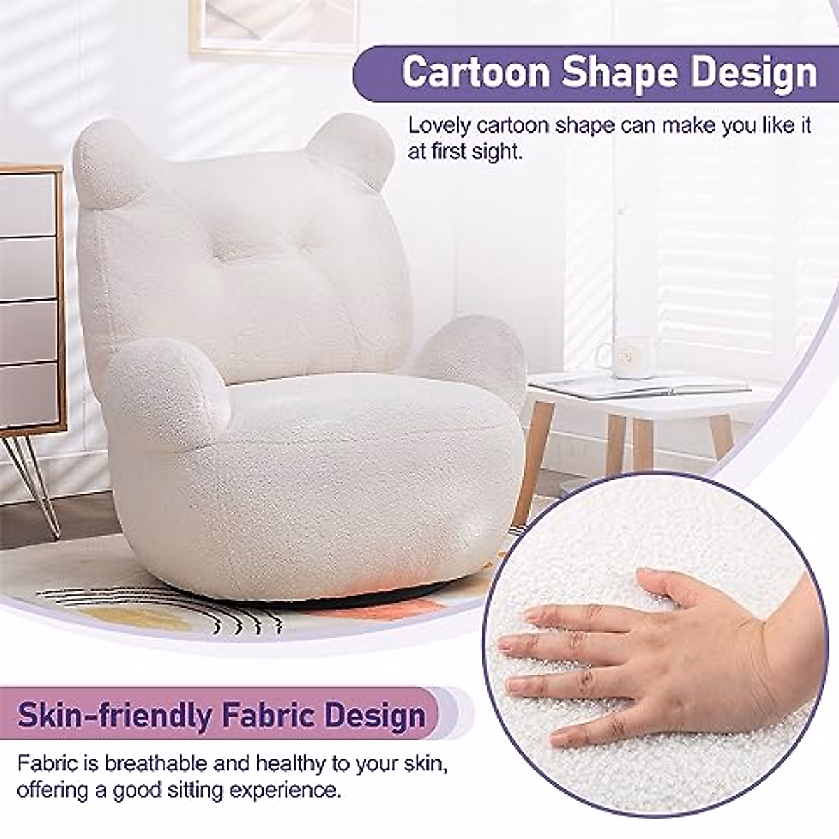 PIRIK 360° Swivel Accent Chair Teddy Short Plush Recliner Chair Particle Velvet Vanity Chair Armchair Swivel Barrel Chair Comfy Cute Chair for Living Room, Hotel, Bedroom, Office, Lounge (White)