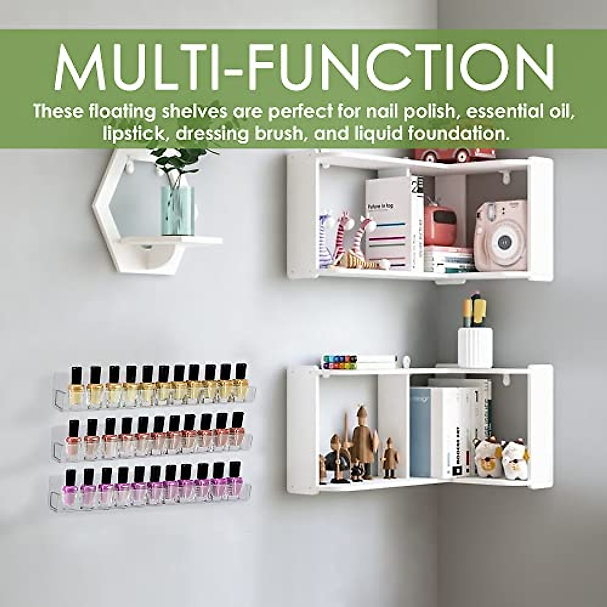 Nail Polish Rack Organizer, 6PCS/Set Acrylic Shelves, Floating Bookshelf for Kids, Shelf for Book Display Makeup Product Spice Organizer, Wall Mounted Shelf