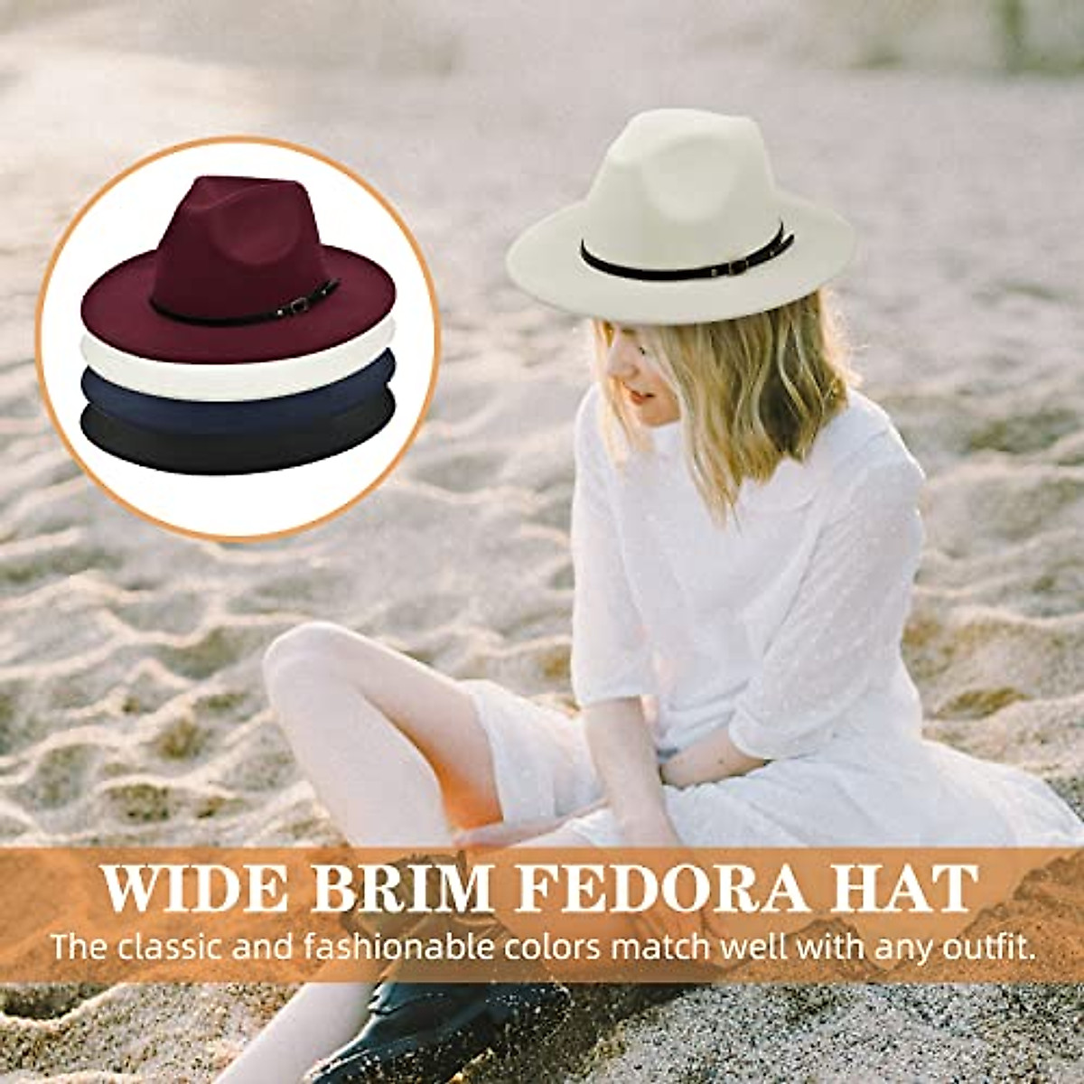 Women Classic Wide Brim Fedora Hat, 4 Pack Retro Panama Hat Wool Fedora Hat with Belt Buckle (Black+Wine Red+Navy Blue+Beige)