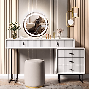 Anbuy Makeup Vanity Desk Set with Drawers, Large Modern Makeup Dressing Table Bedroom Vanity Sets Storage Dresser Furniture Set