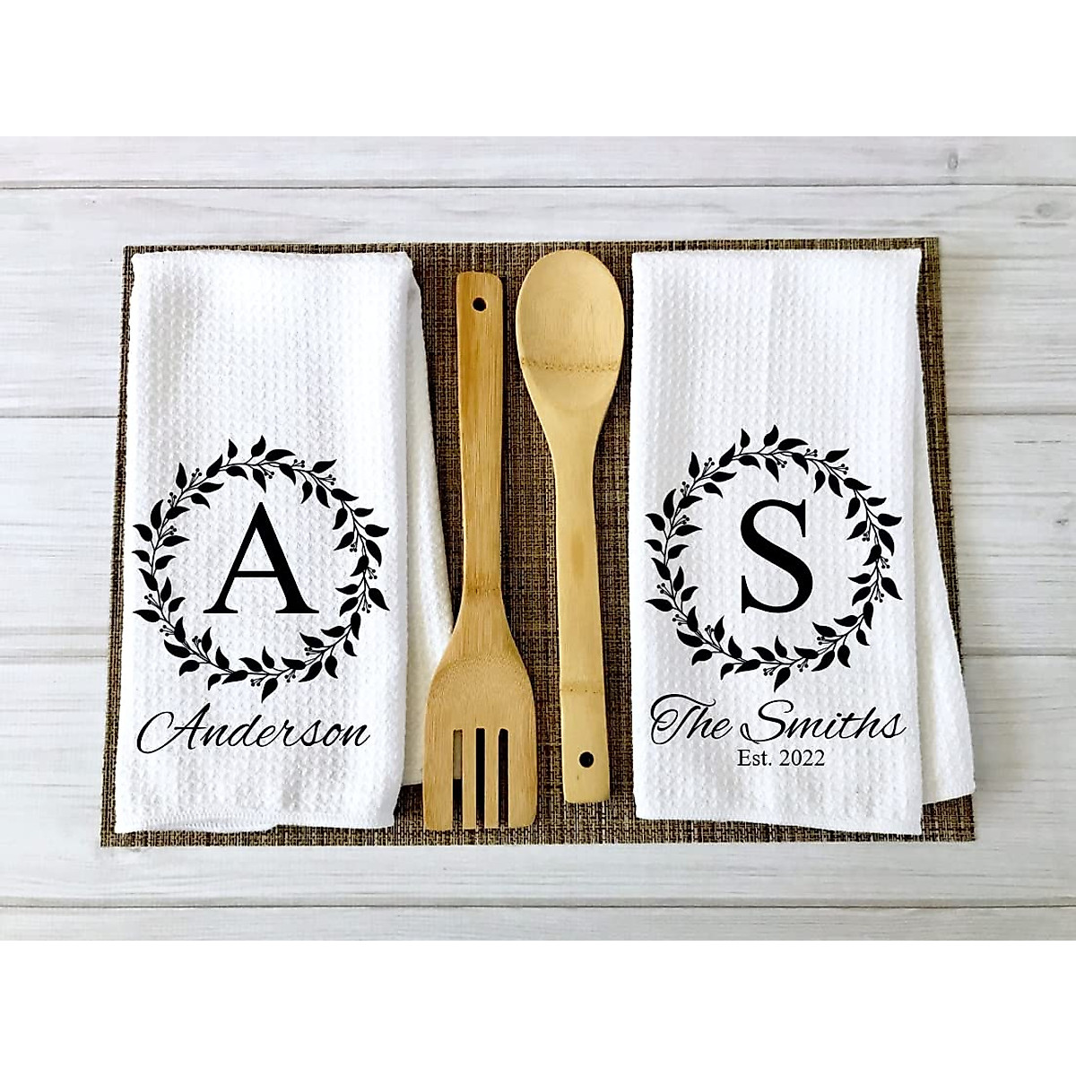 Personalized Kitchen Towel | Custom Tea Towel | Family Name Dish Towel | Kitchen Decor | Hand Towel | Housewarming Gift | Monogram Dishcloth (Wreath 1)