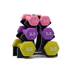 Amazon Basics Neoprene Coated Hexagon Workout Dumbbell Hand Weight, Rack with 2, 3, and 5 pound, Set of 3, Total 20 lb, Pink/Purple/Green