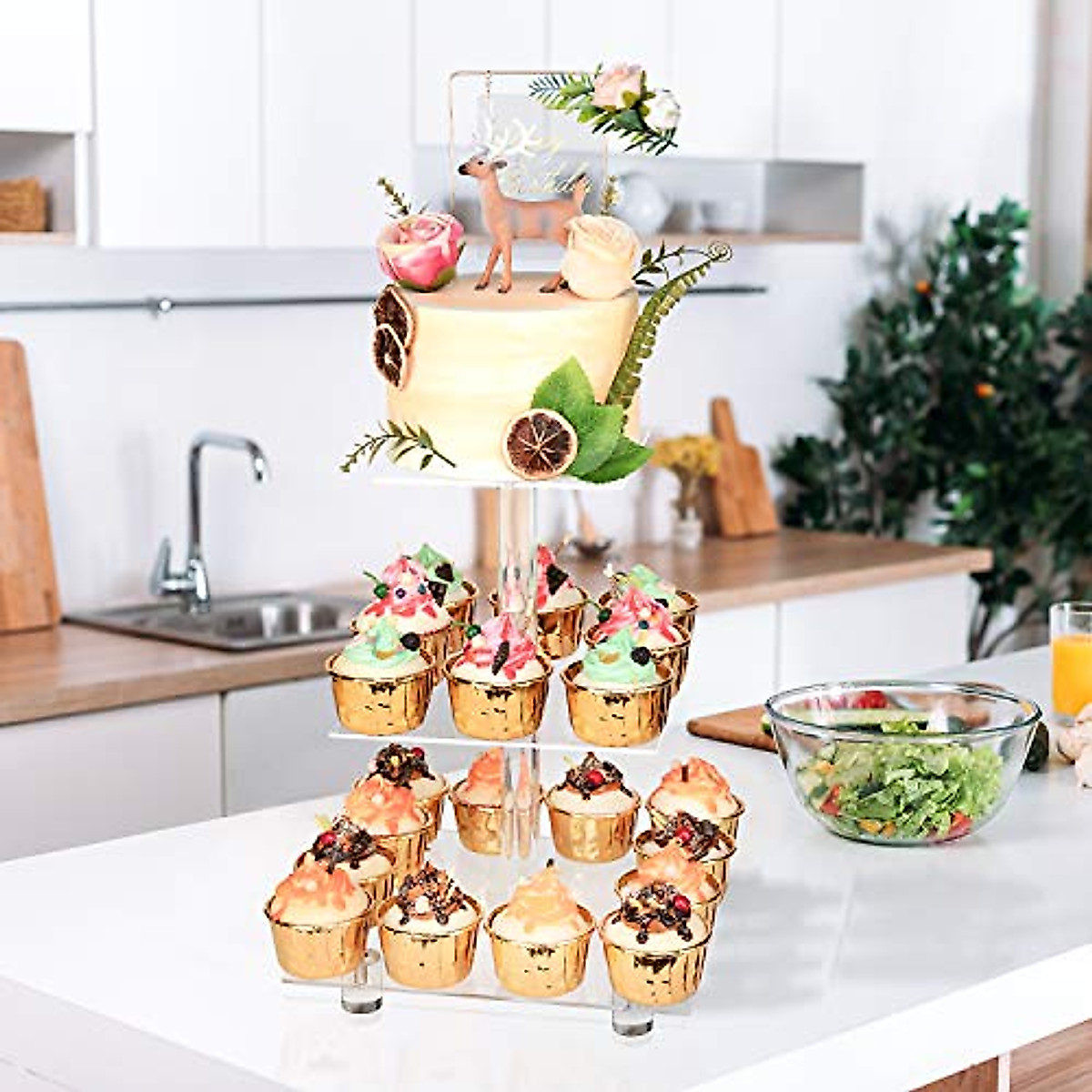 YestBuy 3 Tier Cupcake Stand with Base, Cake Stand, Acrylic Cupcake Tower Stand, Premium Cupcake Holder for 28 Cupcakes, Display for Pastry Wedding Birthday Party (4" Between 2 Layers)