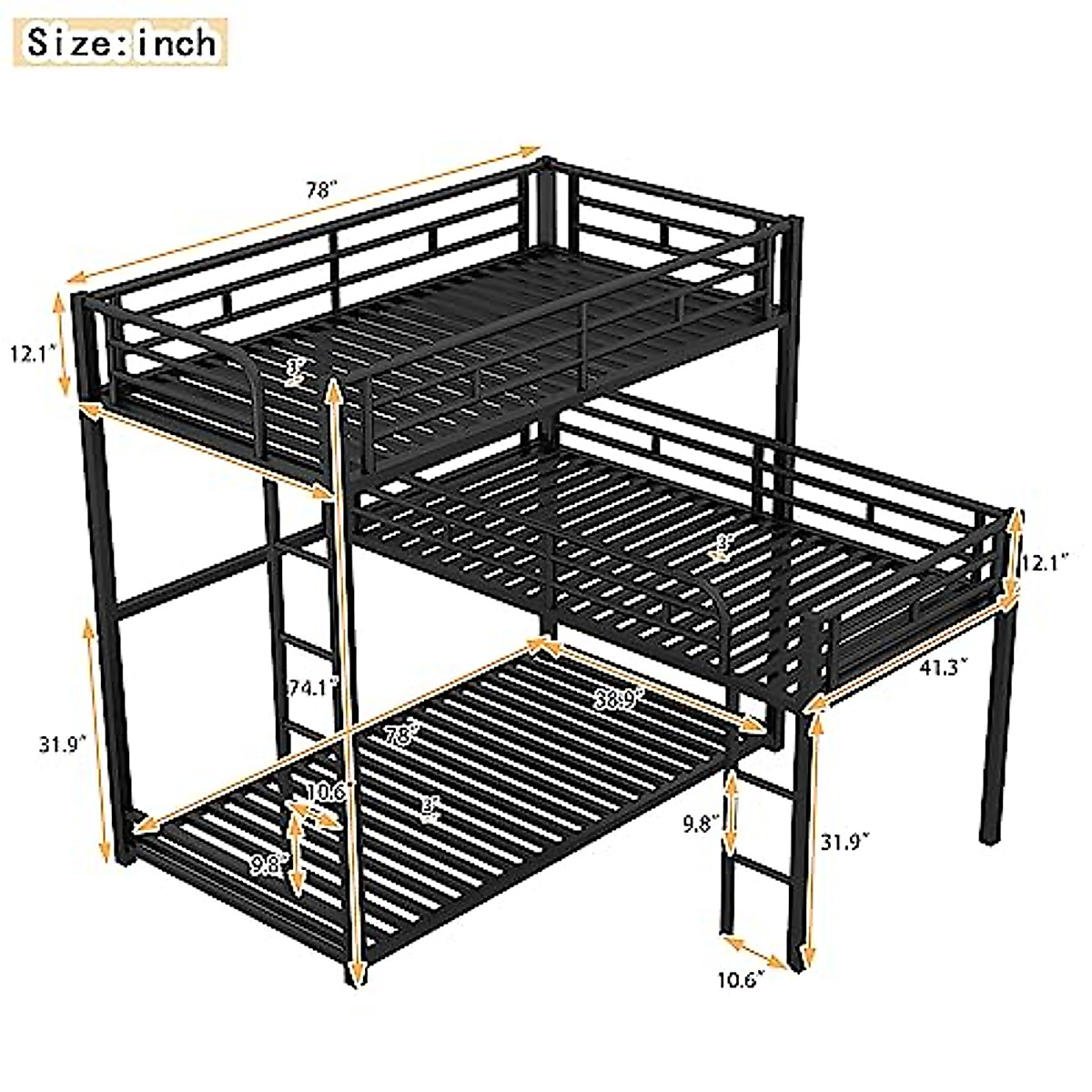 GINGVAT L-Shaped Metal Triple Twin Size Bunk Bed with 2 Built-in Ladder, Loft Bedframe and Safety Guardrails, Modern Style Bedroom Furniture for Children/Teenagers, Black