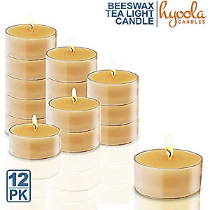 Pure Beeswax Tea Lights - 12 Pack - Handmade Decorative Unscented - Tealight Candles - 4 Hour Burn Time, Clear Cup