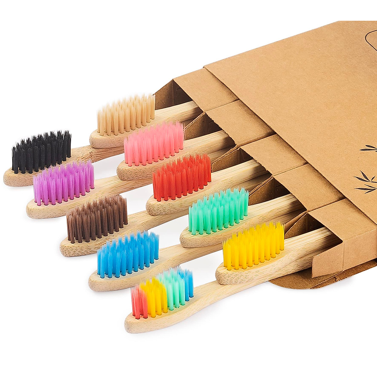 NUDUKO Biodegradable Bamboo Toothbrushes, 10 Piece BPA Free Soft Bristles Toothbrushes, Natural, Eco-Friendly, Green and Compostable (Multicolored Bristles)