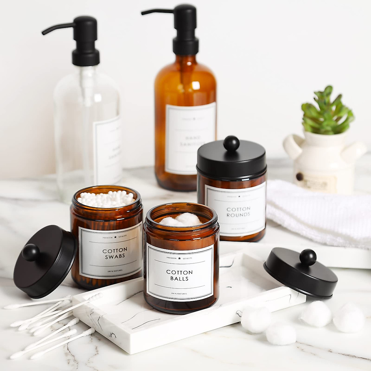 KUSVADO 2-Pack Bathroom Apothecary Storage Jars, Vanity Countertop Canister, Glass Jars Q-tip Holder, Cotton Swab Container, Bathroom Storage Container with 8 Pcs Waterproof Labels