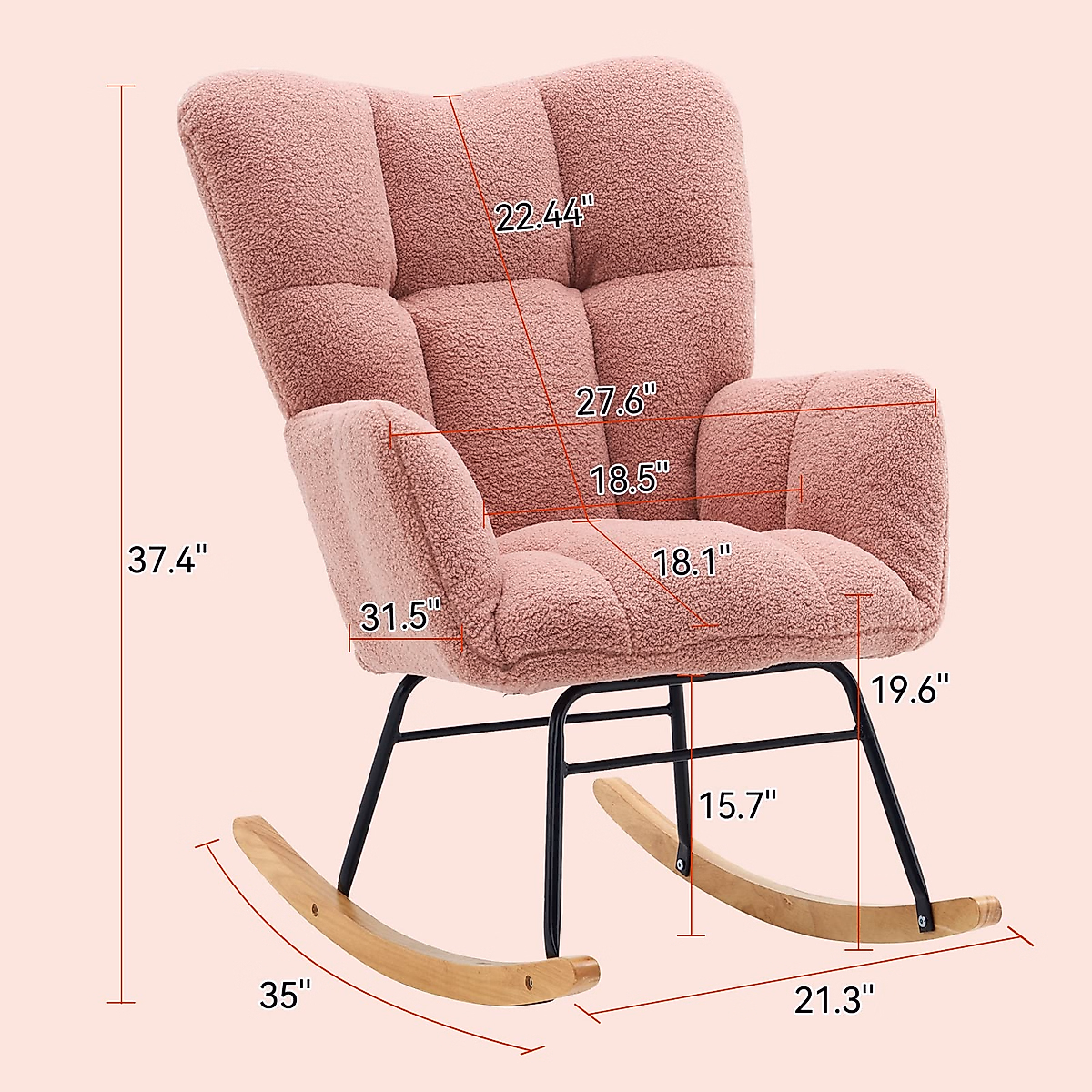 Nursery Rocking Chair Teddy Fabric Padded Seat with High Backrest and Armrest Accent Chair Upholstered Armchair Single Sofa Accent Glider Rocker for Living Room Bedroom Offices (Pink Teddy)