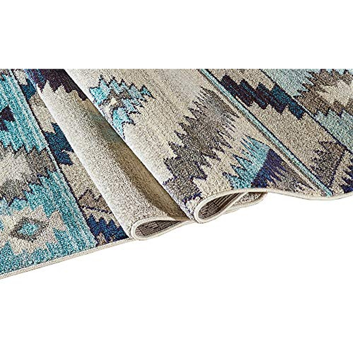 Handcraft Rugs-Southwestern Native American Modern / Faded Area Rug - Bone Gray / Navy Blue / Ivory / Aqua