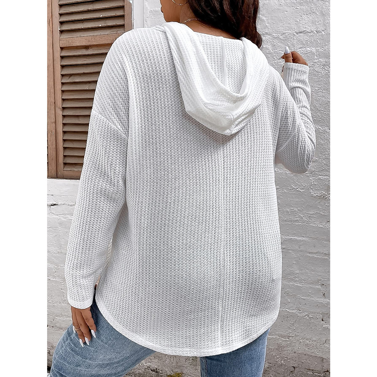 SOLY HUX Women's Plus Size Hoodies Long Sleeve Drawstring Waffle Knit Pullover Sweatshirt Tops Solid White 2XL