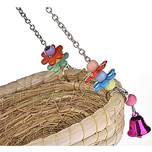 Bird Nest Swing Bed Toy with Bell Woven Straw for Parrot Parakeet Cockatiel African Grey Cockatoo Conure Budgie Canary Lovebird Finch Cage Accessories