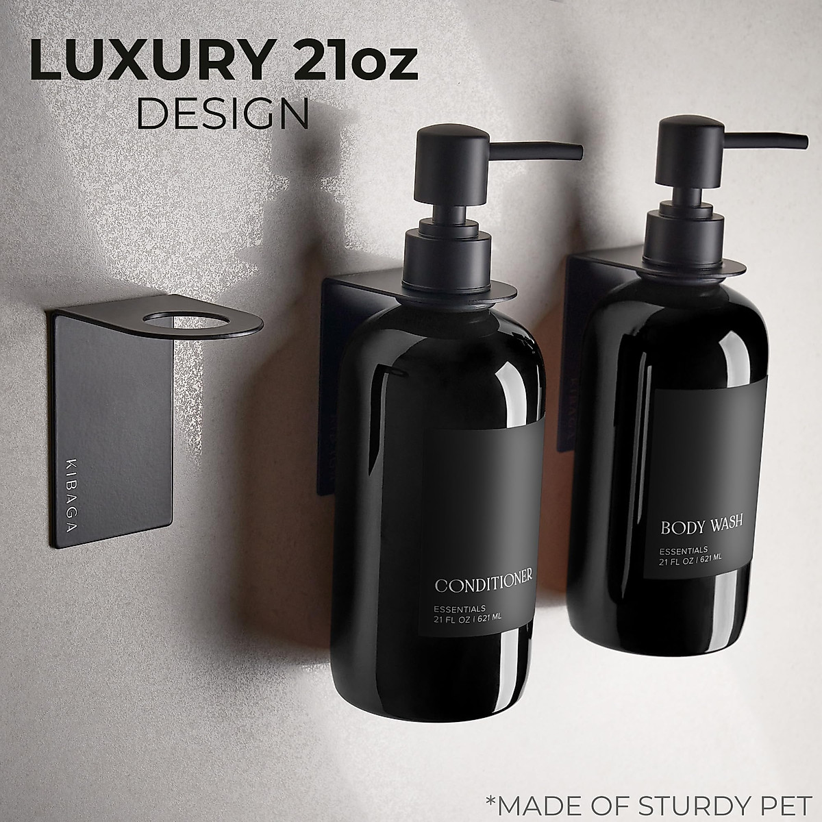 Stylish Shampoo and Conditioner Dispenser Set of 3 for Wall Mount - Modern Drill Free 21oz Shower Soap Bottles with Labels - Easy Refill Body Wash Dispensers for an Instant Bathroom Decor Upgrade